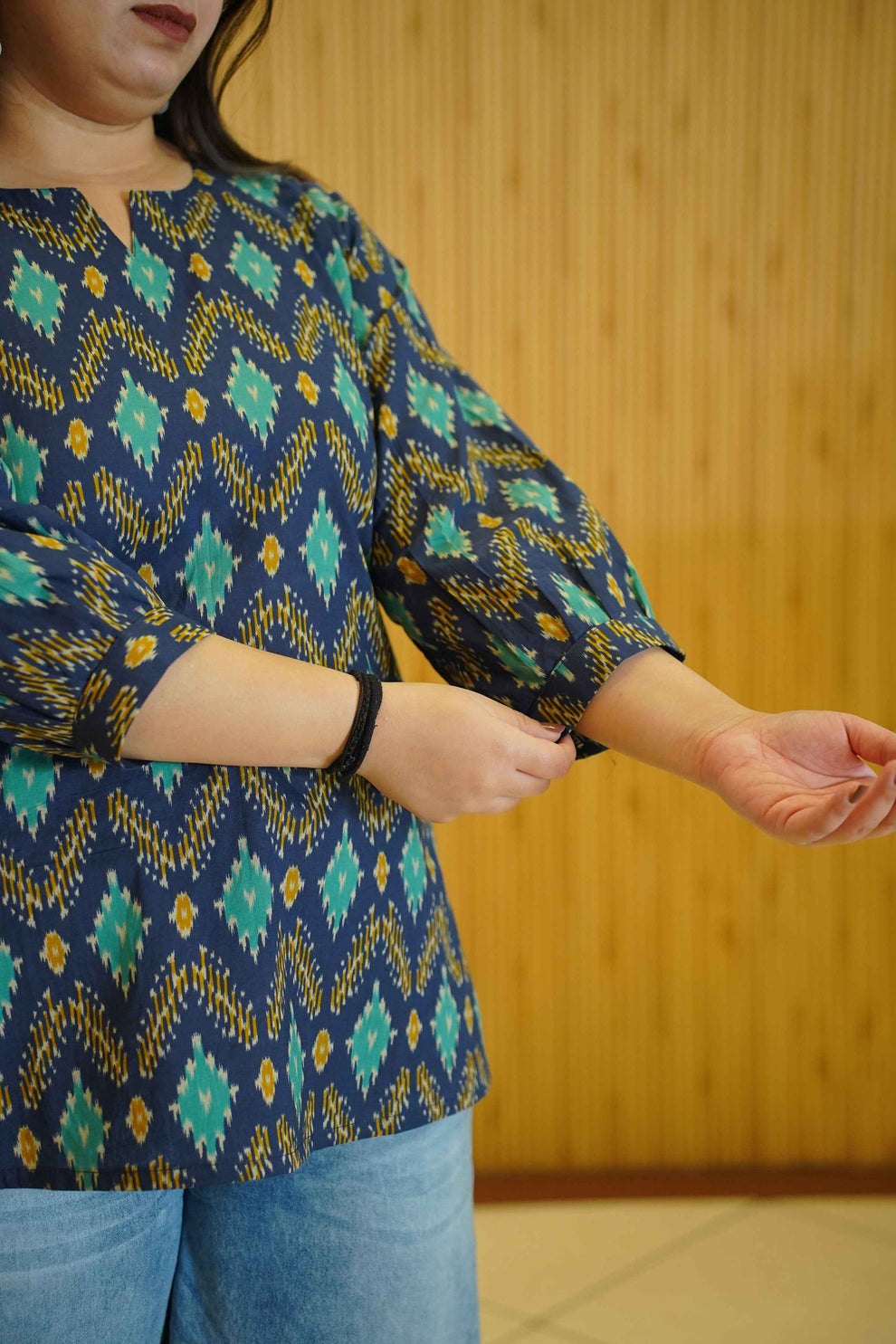 Aqua Indigo Ikat Printed Cotton Top - Apella