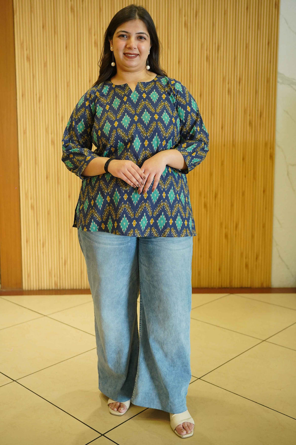 Aqua Indigo Ikat Printed Cotton Top - Apella