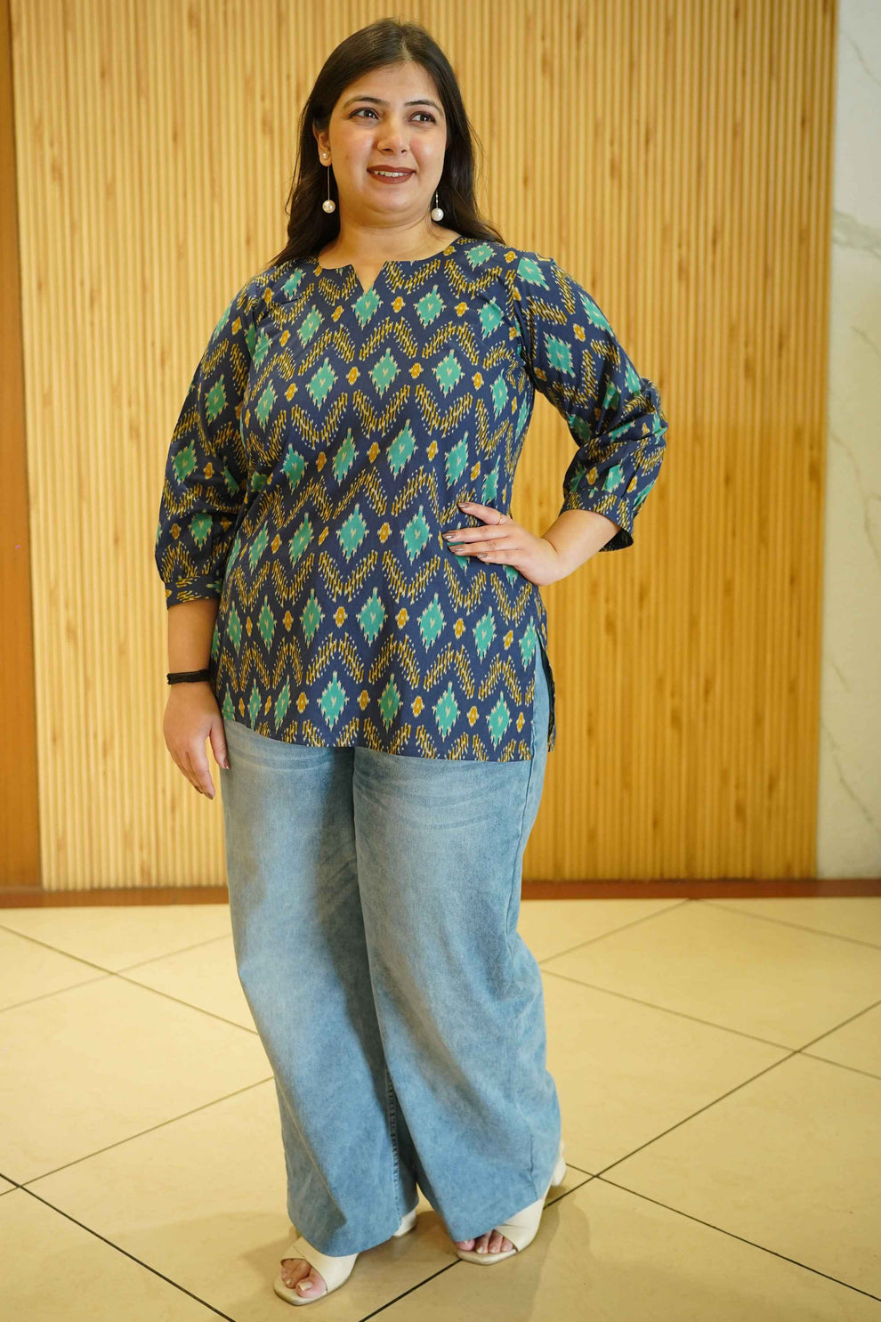 Aqua Indigo Ikat Printed Cotton Top - Apella