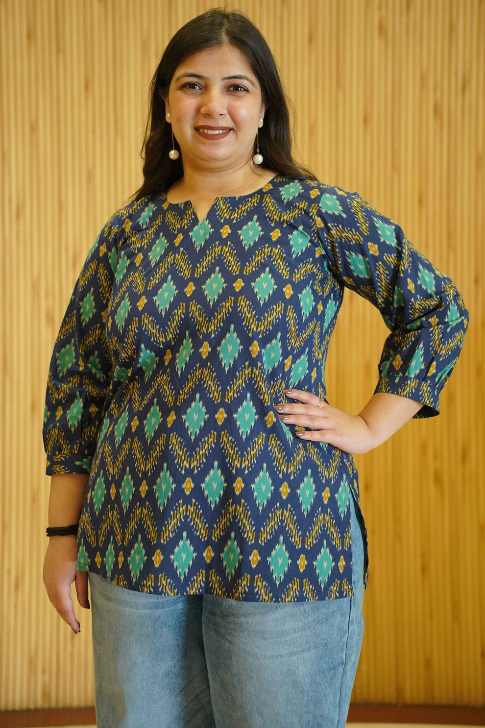 Aqua Indigo Ikat Printed Cotton Top - Apella