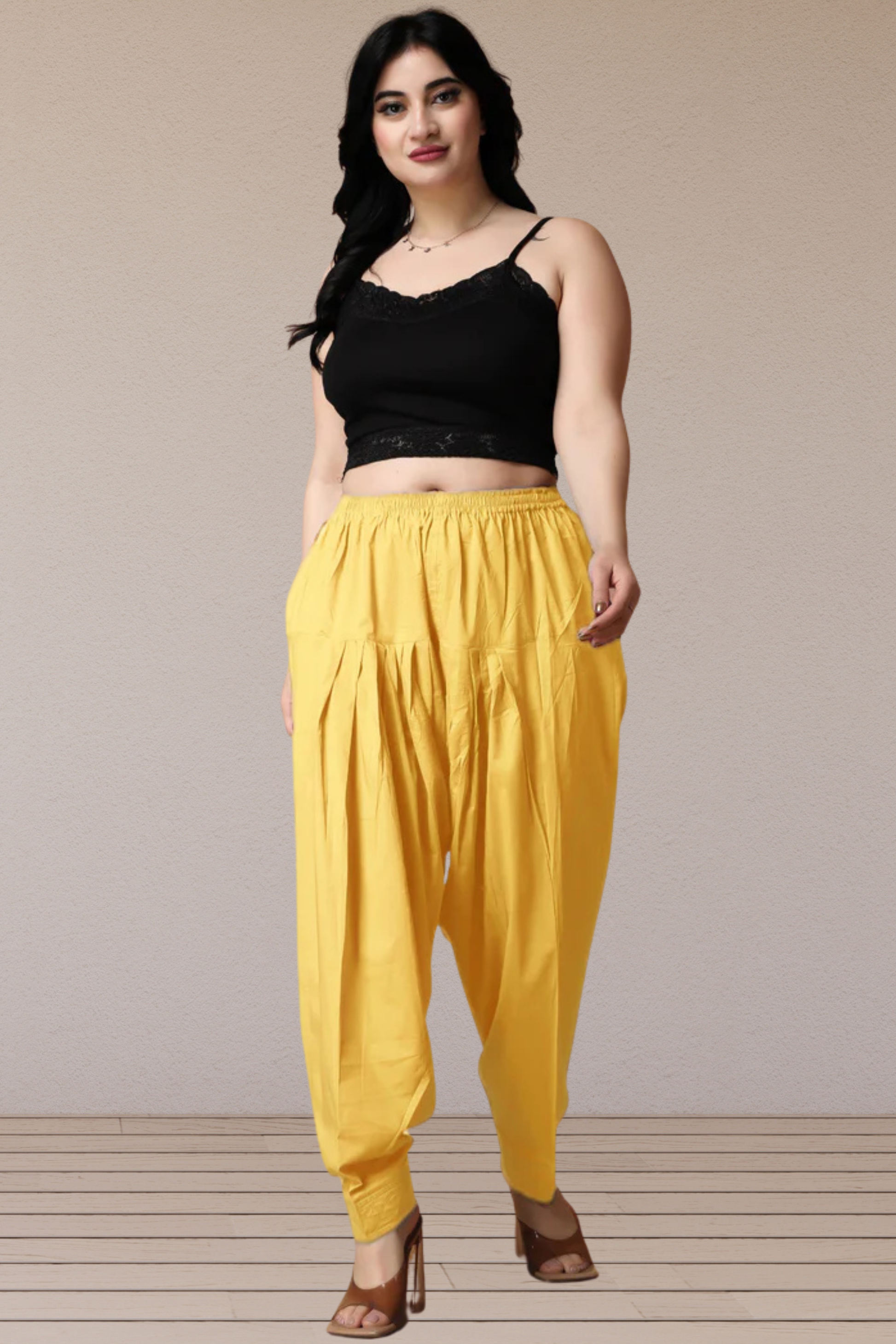 Buy Plus Size Light Yellow Pleated Cotton Salwar | Apella - The XS to ...