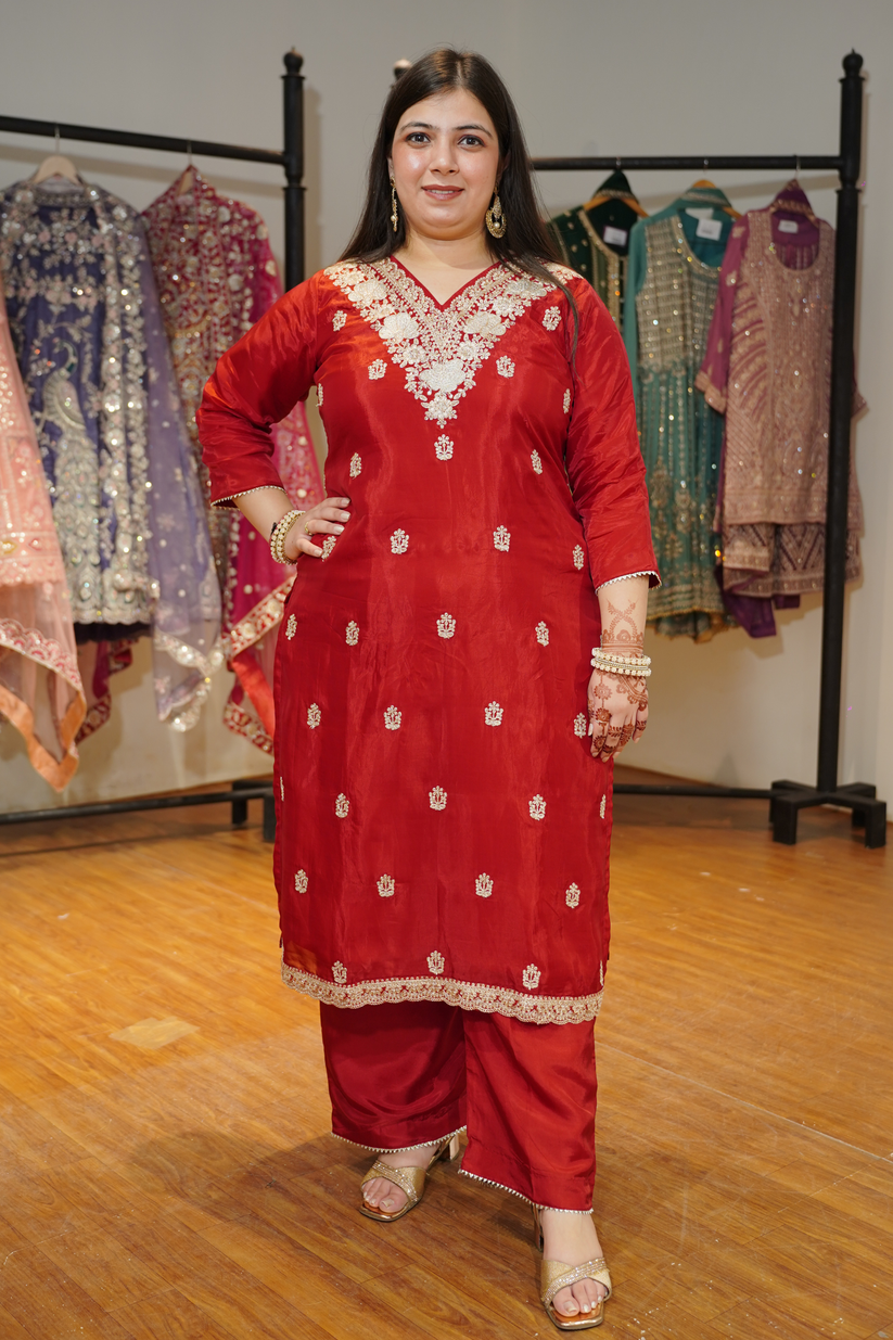 Aarisha Red Suit Set With Zari Embroidery - Apella
