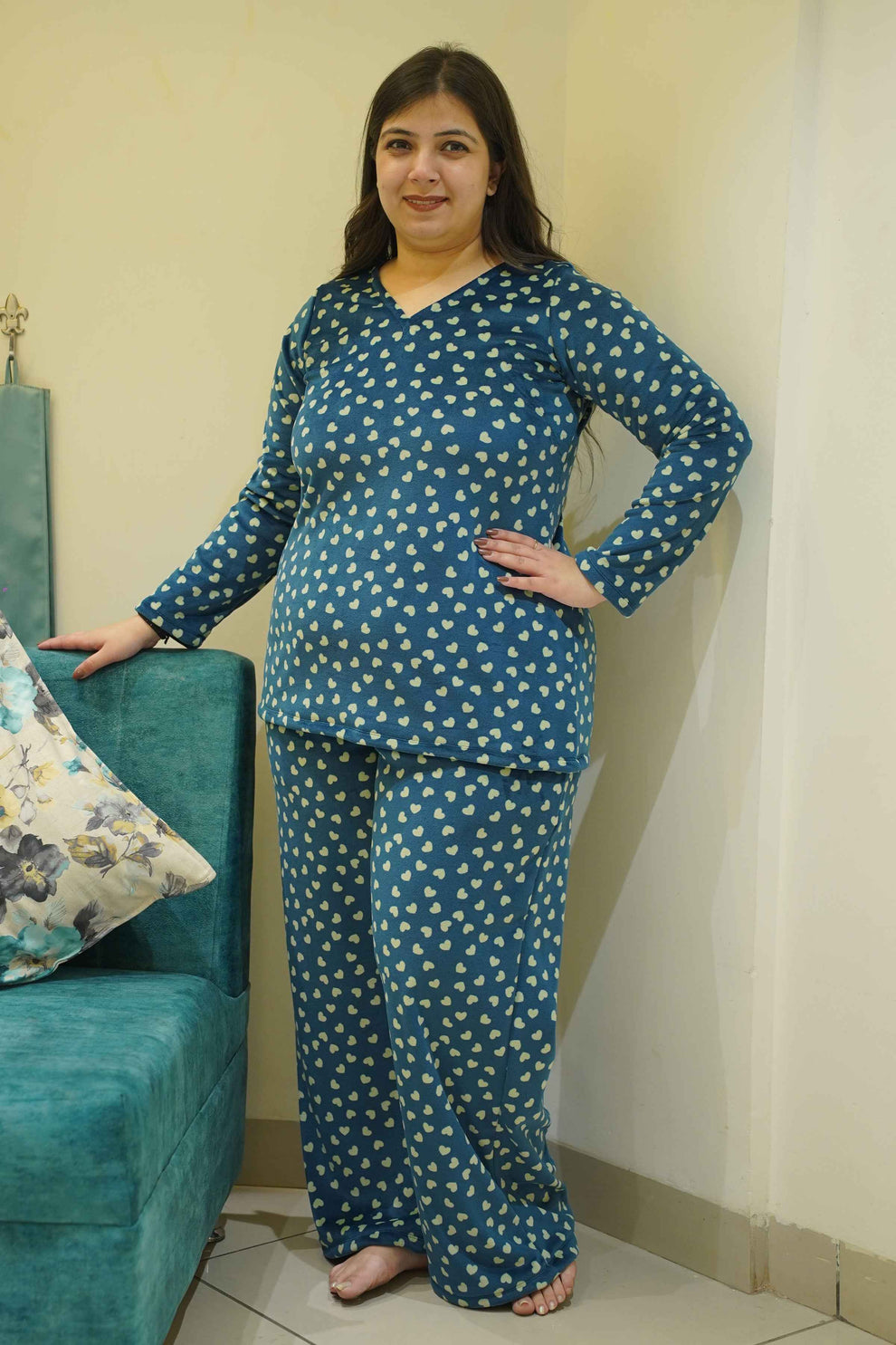 Teal Hearty Velvet Night Suit - Apella